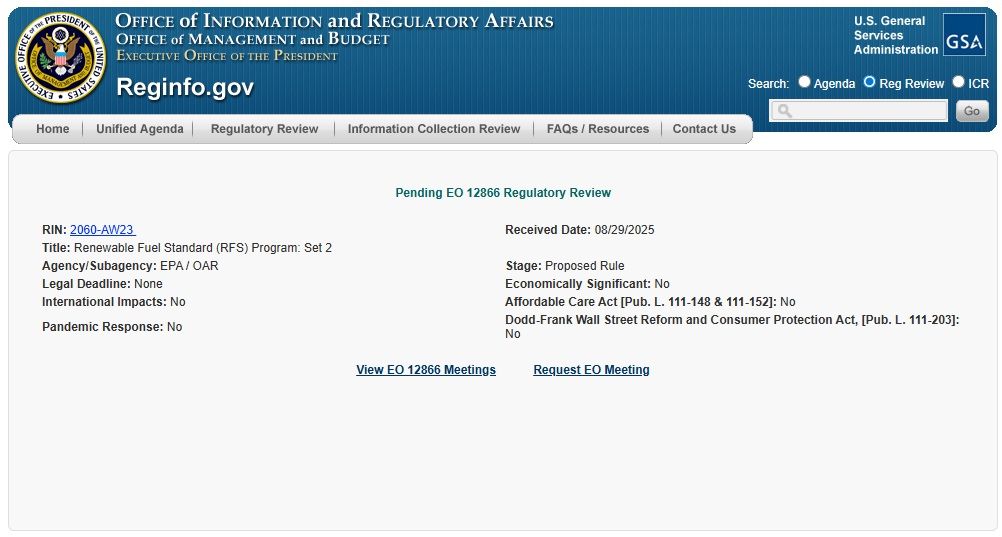 EPA again delivers ‘Set 2’ RFS proposed rule to White House OMB ...